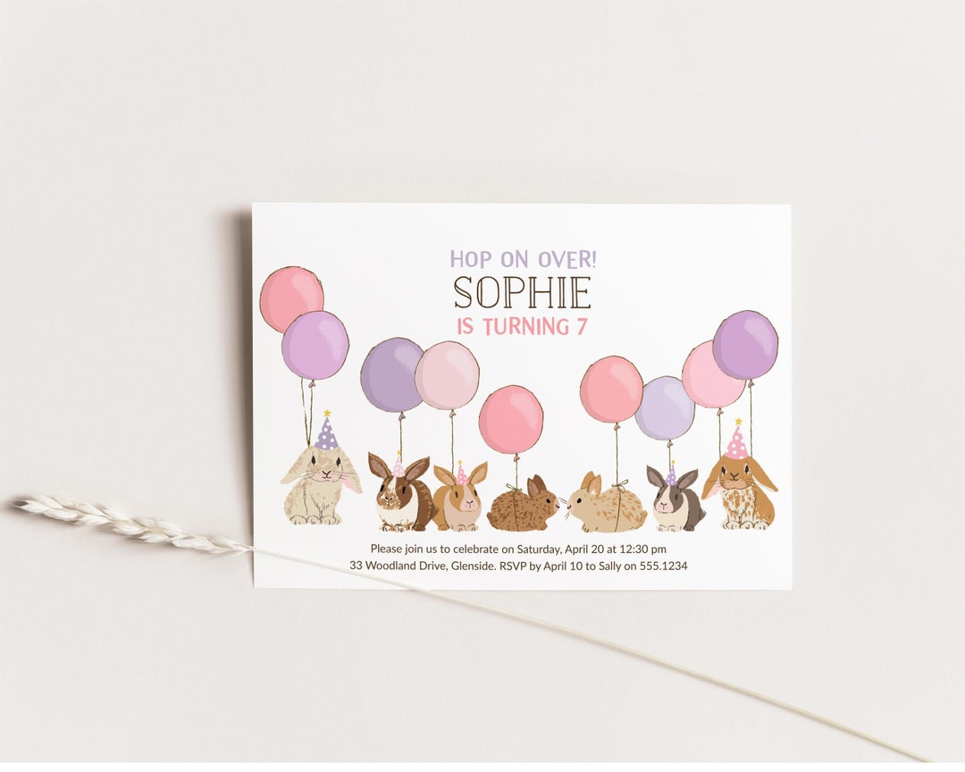 Girl Bunny Birthday Invitation, Pink and Purple Bunnies and Balloons ...