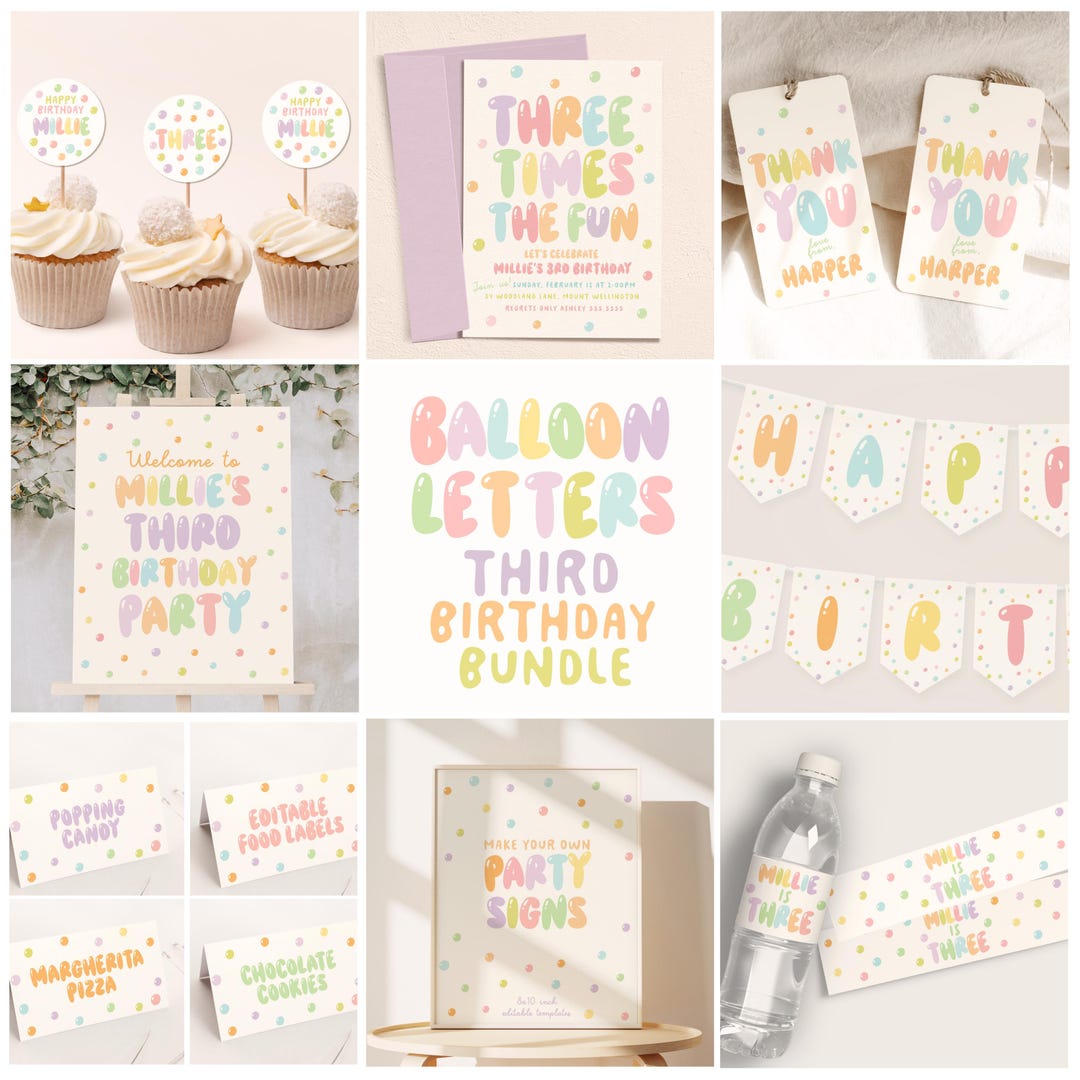 Three Times the Fun Girl Bubble 3rd Birthday Party Invitation and ...