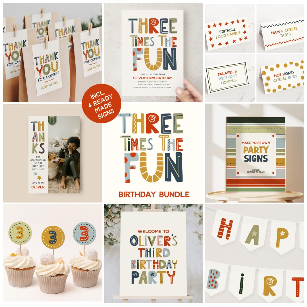 Three Times the Fun Invitation Set, Printable 3rd Birthday Party Favors ...