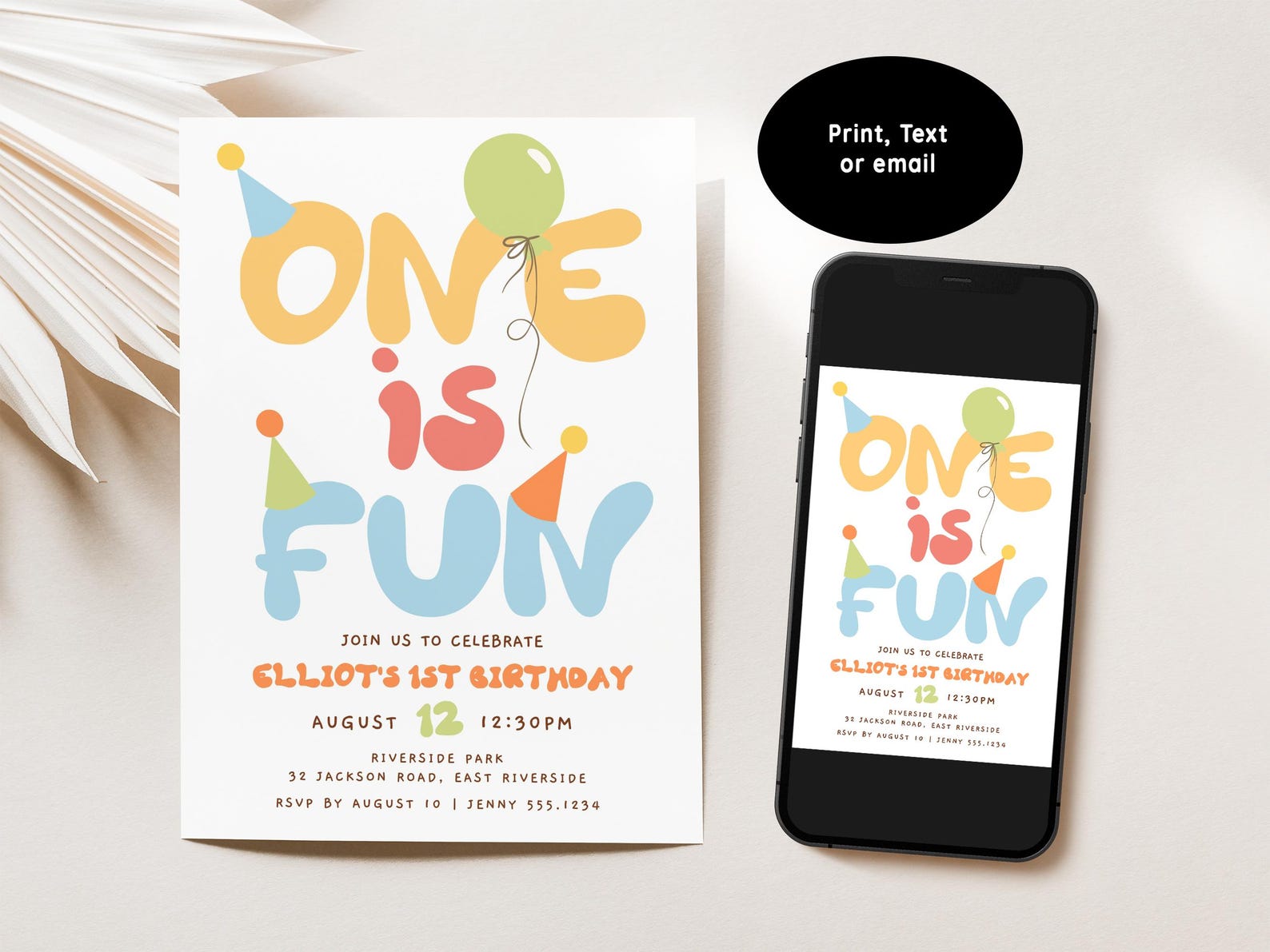 One is Fun Invitation, Colorful 1st Birthday Party Invitation Template ...