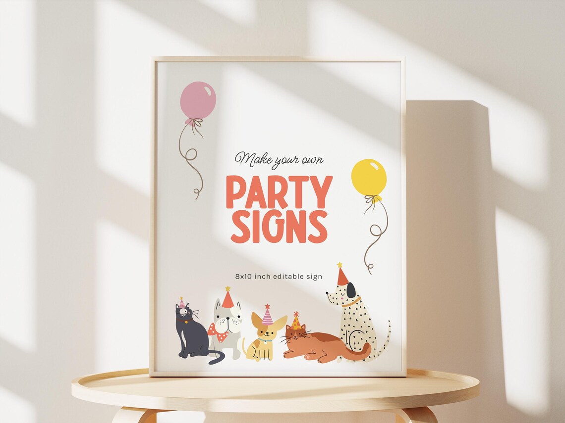 Pet Birthday Party Signs, Printable Cats and Dogs Custom Sign Template ...
