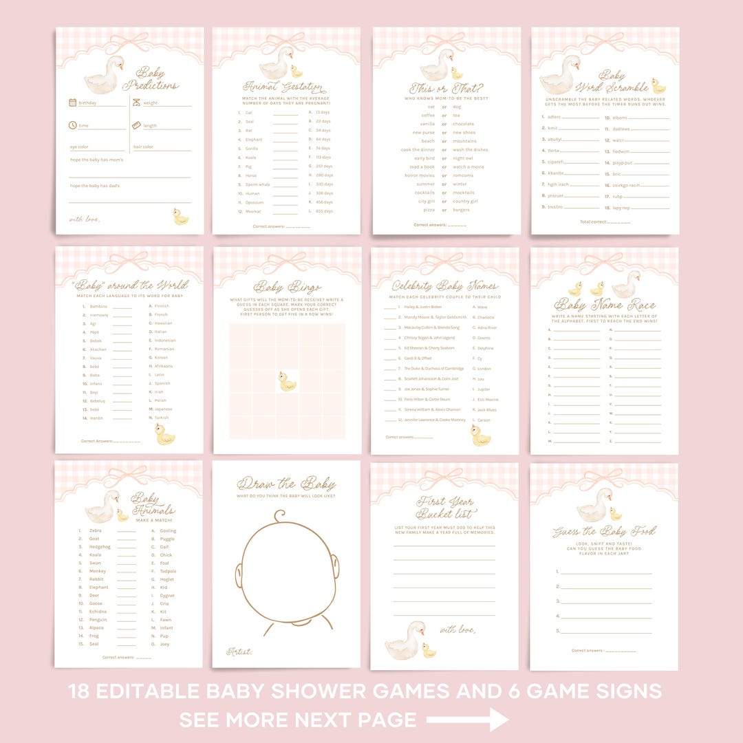 Goose Baby Shower Games, Girl Baby Shower Party Game Set, Pink Gingham ...