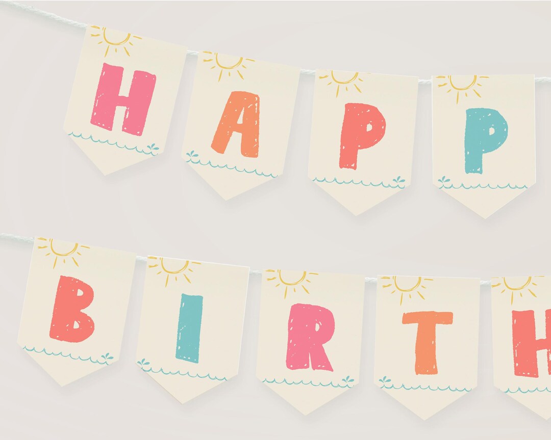 Summer Happy Birthday Banner, Pool Party Birthday Bunting, Hand Drawn ...
