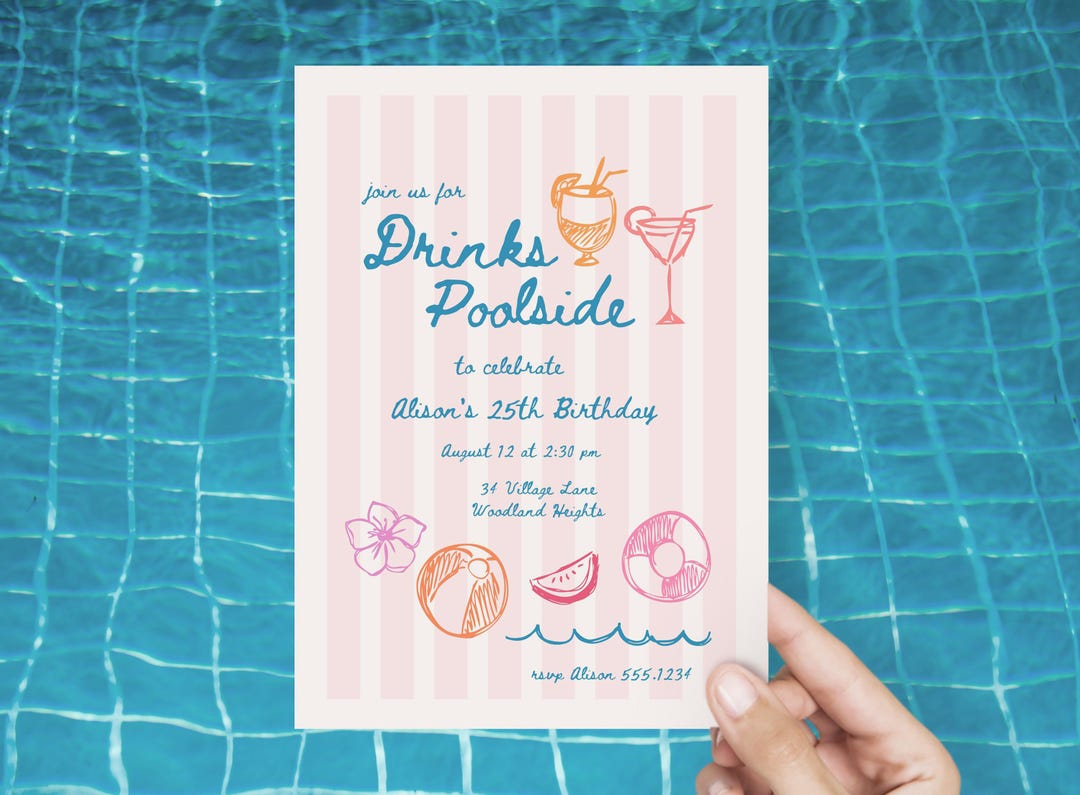 Poolside Drinks Invitation, Adult Pool Party Invite or Evite Editable ...