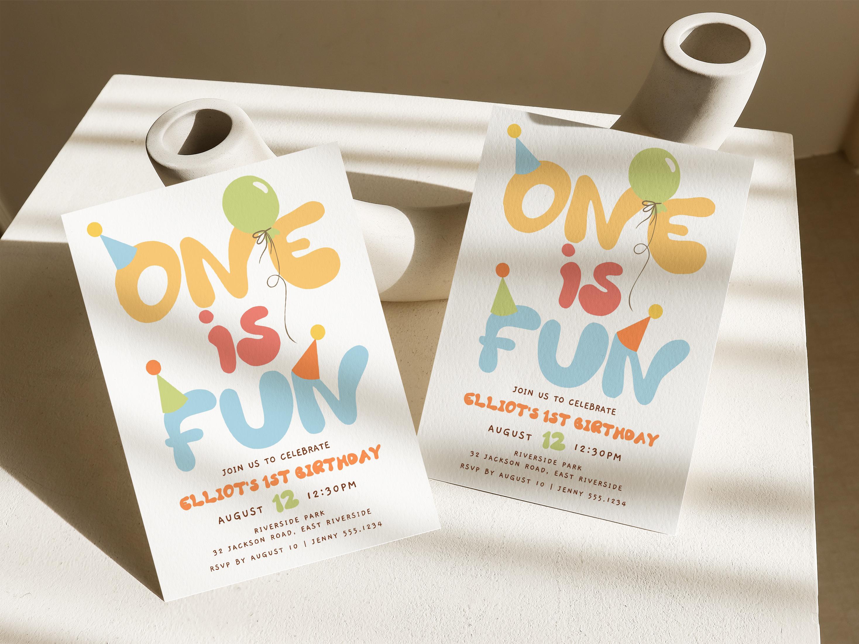 One is Fun Invitation, Colorful 1st Birthday Party Invitation Template ...