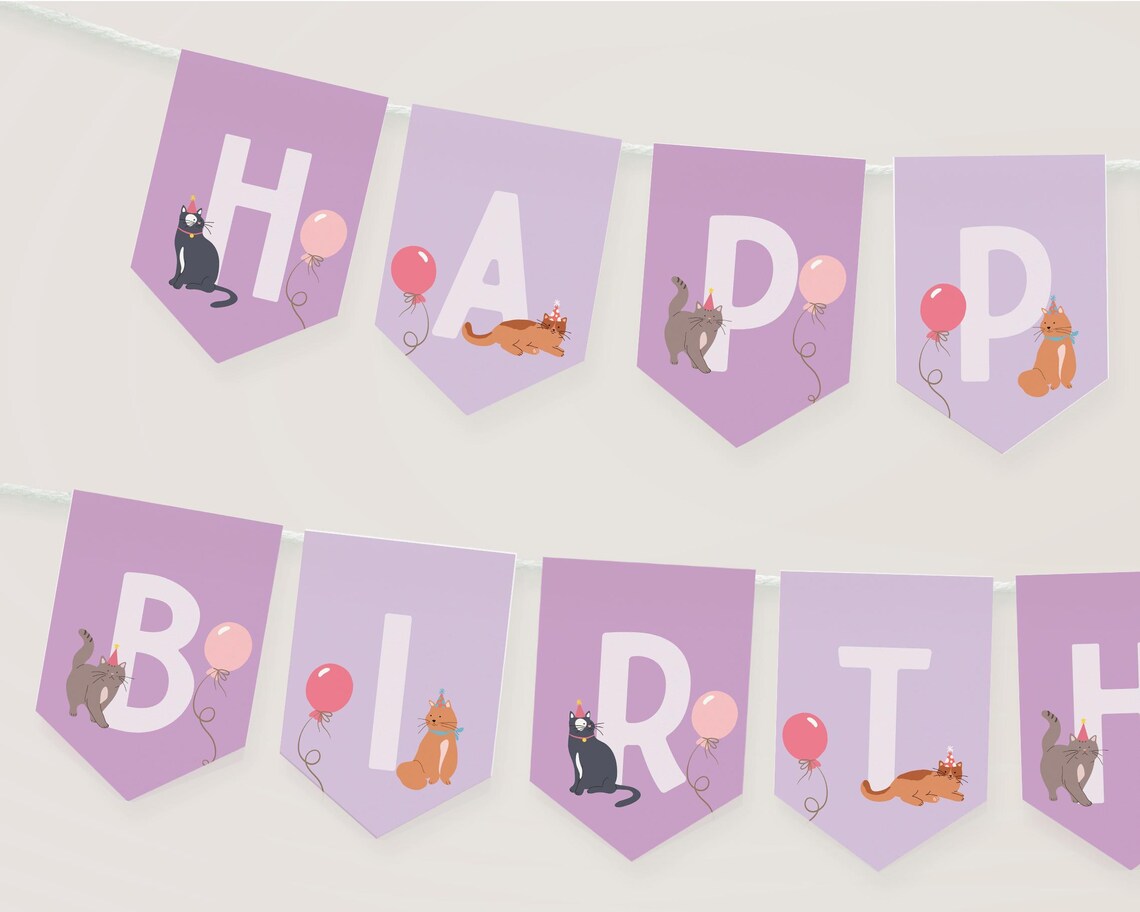 Cat Happy Birthday Banner, Printable Kitten Birthday Party Bunting ...