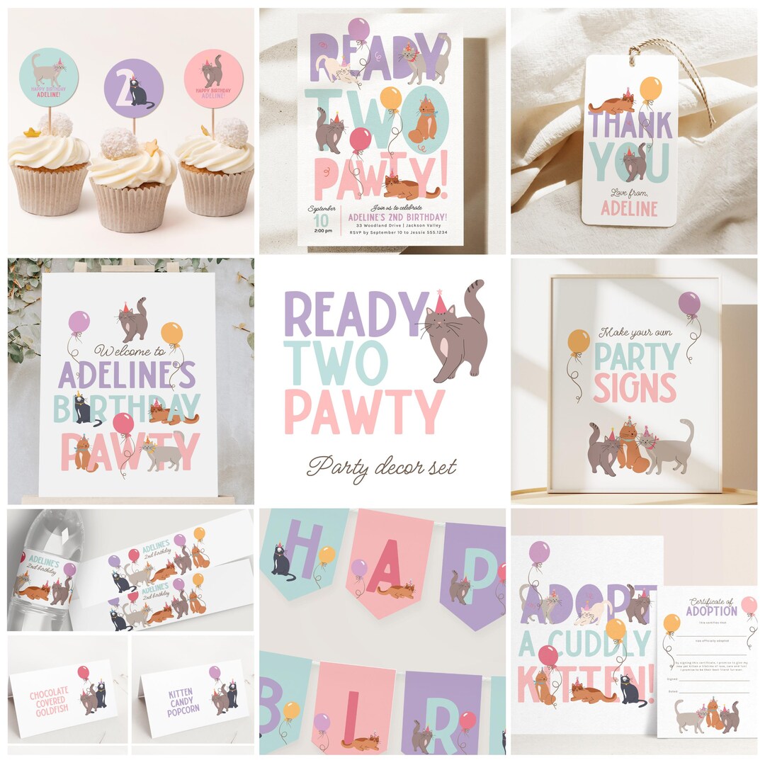 Cat 2nd Birthday Invitation Bundle, Ready Two Pawty Girl Birthday Party ...