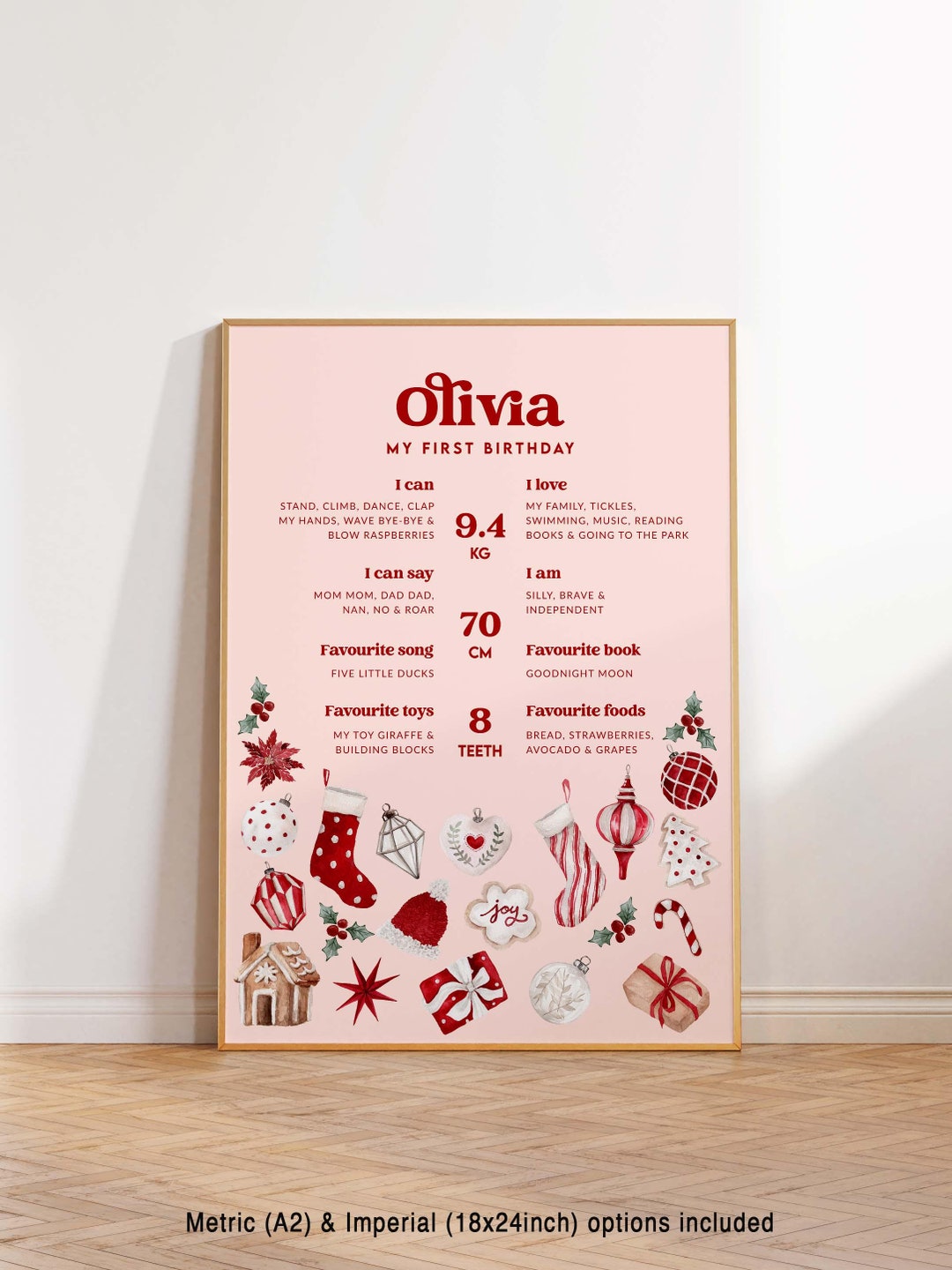 Holiday 1st Birthday Milestone Poster, Girl Christmas First Birthday ...