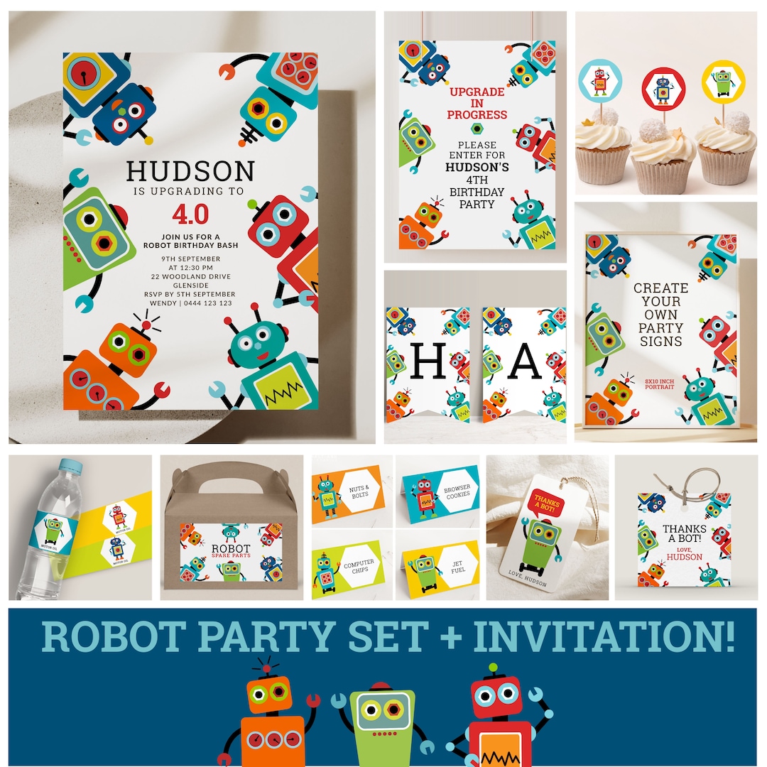 Plantilla de invitación editable para fiesta de cumpleaños de robots ...