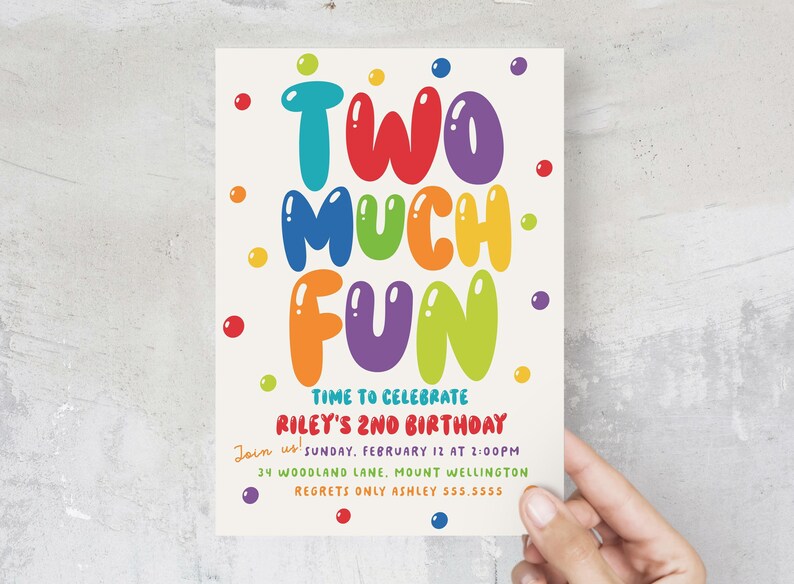 Printable Boy 2nd Birthday Party Invite, Bright Two Much Fun Party ...