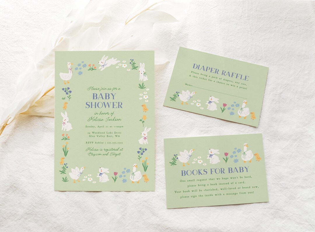Spring Baby Shower Invitation Suite, Bunny and Goose Baby Shower Invite ...
