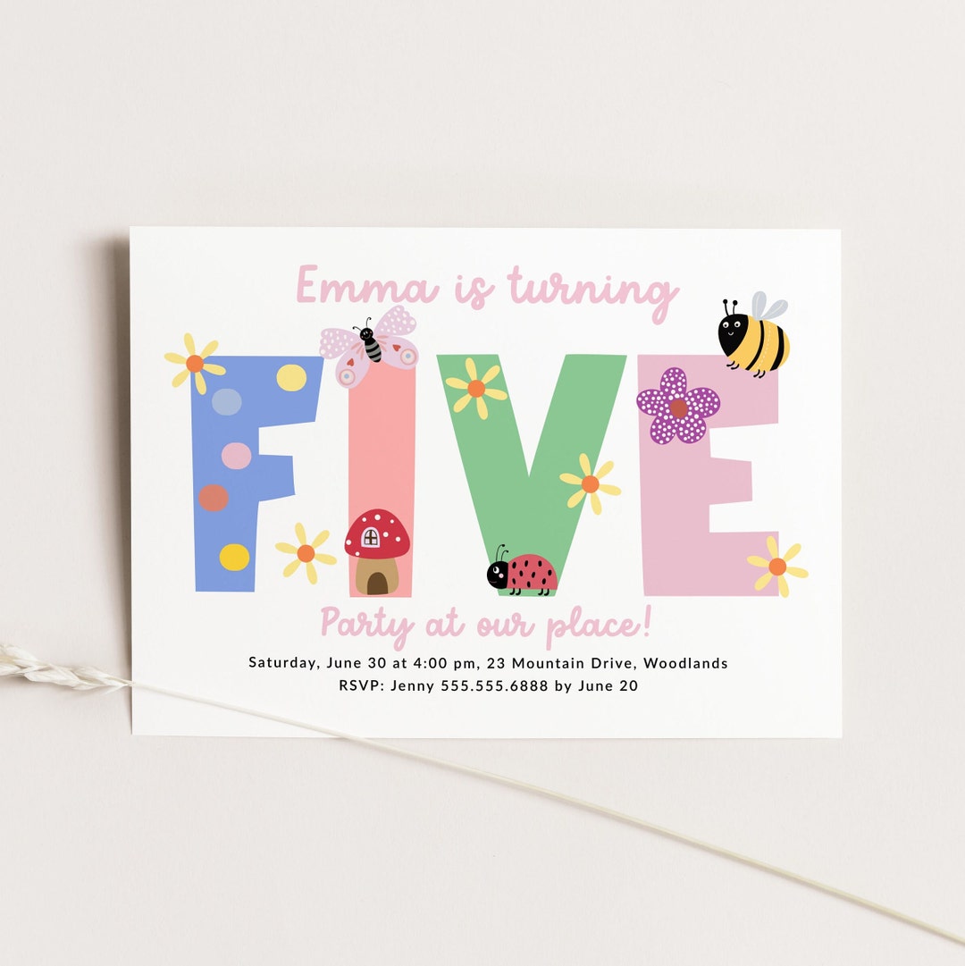 Girl 5th Birthday Invitation, Spring Flowers and Bugs Fifth Birthday ...