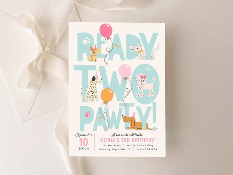 Ready Two Party Invitation, Puppy 2nd Birthday Invitation, Girl 2nd ...