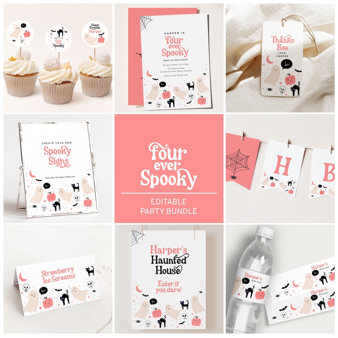 Four Ever Spooky Invitation Set, Printable Pink Halloween Birthday ...