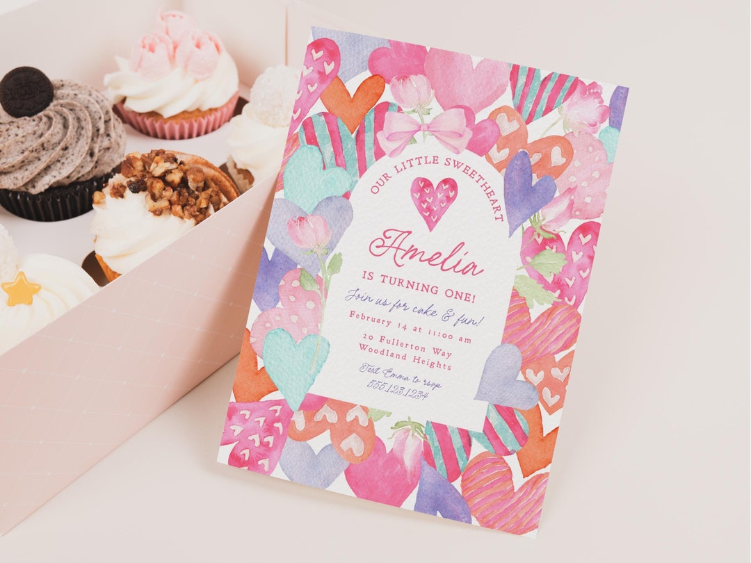 Heart 1st Birthday Invitation, Kitsch Girl First Birthday Party Invite ...
