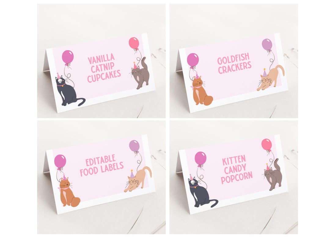 Cat Birthday Food Tents, Printable Pink Kitten Party Food Label ...