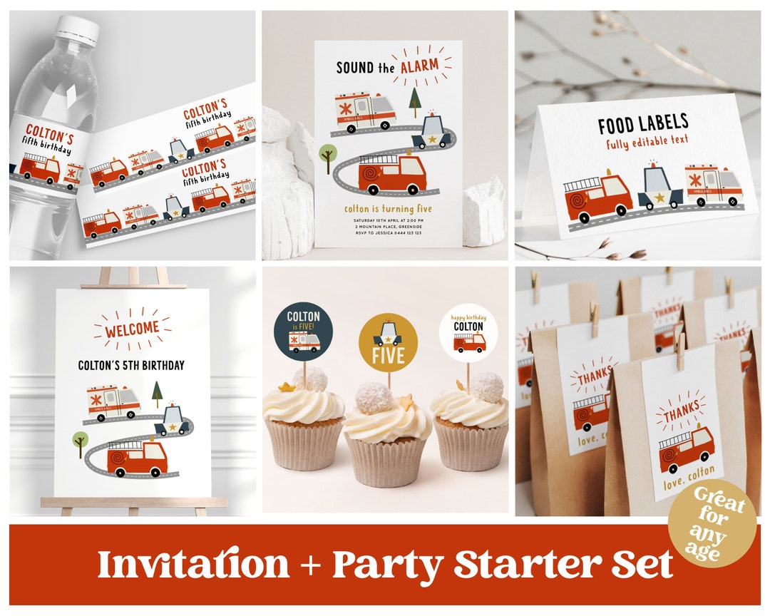 Emergency Vehicles Party Set of Editable Boy Birthday Decor Fire Truck ...