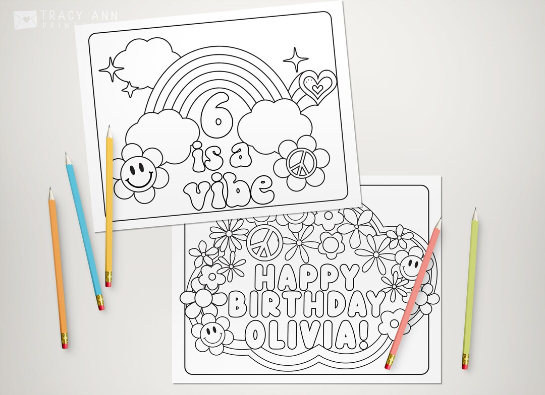 Editable Coloring Pages Printable, Retro Groovy Birthday Coloring ...