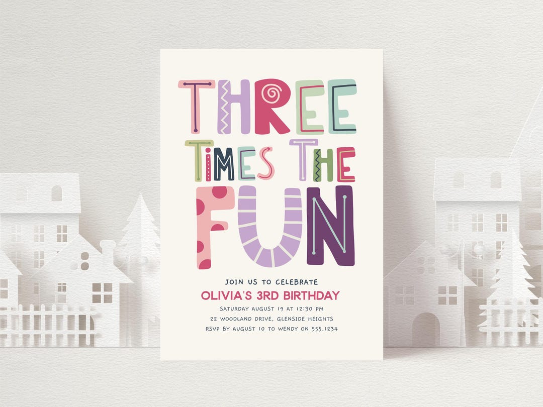 Three Times the Fun Invitation, Colorful Girl 3rd Birthday Party Invite ...