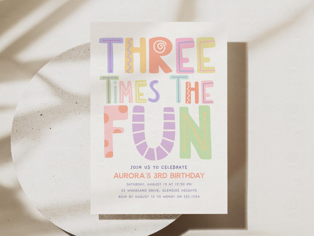 Three Times the Fun Invitation, Editable Spring Girl 3rd Birthday Party ...