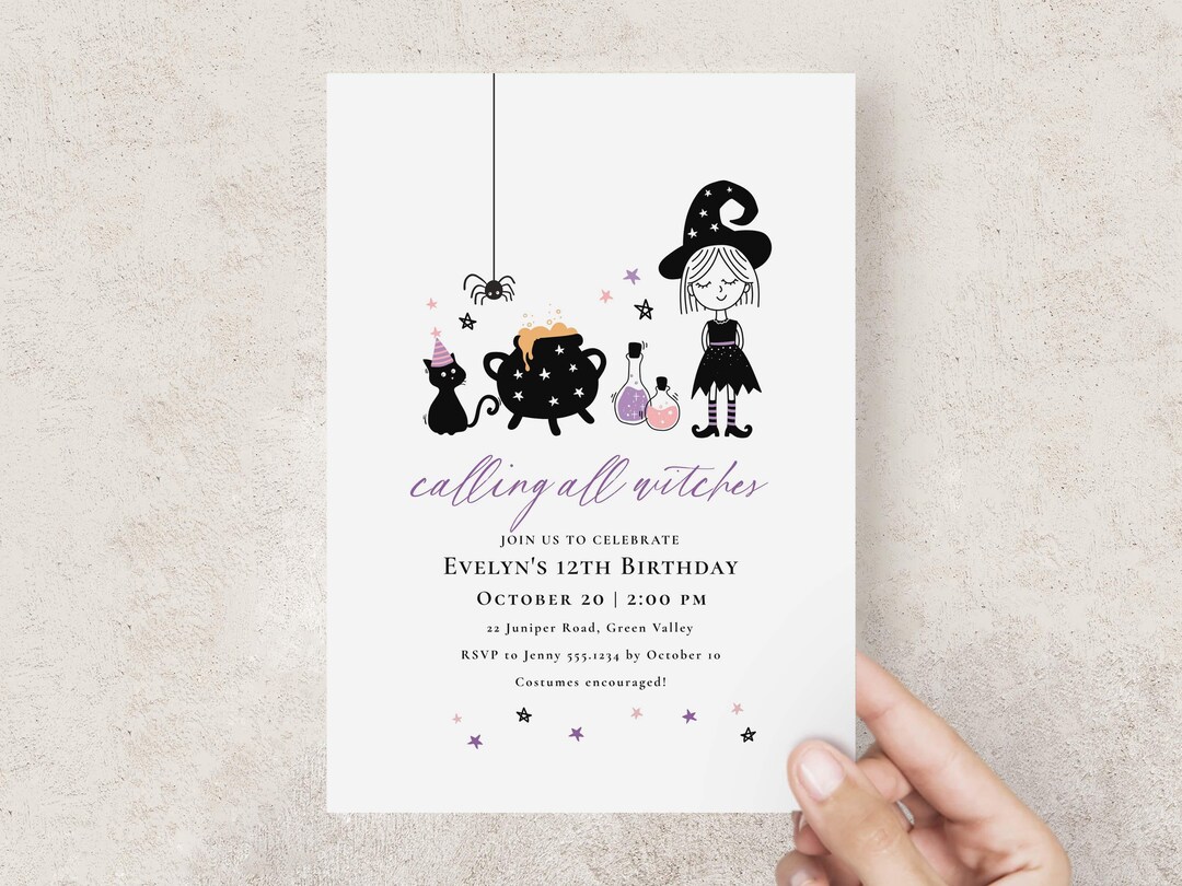 Witch Birthday Invitation Template, Girl Halloween Birthday Invitation ...
