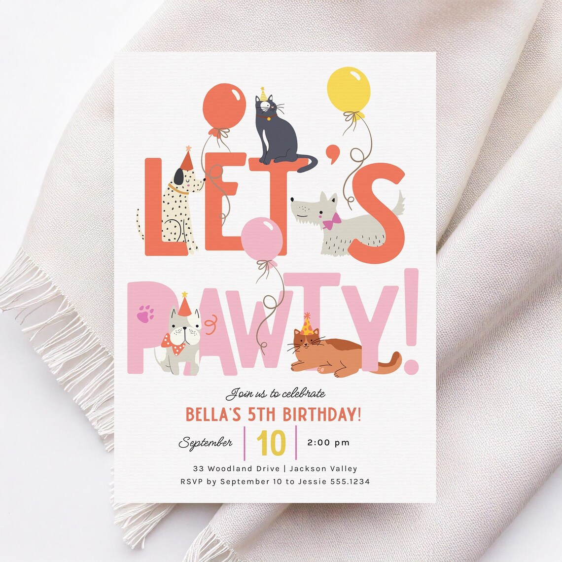 Pet Birthday Party Invitation, Let's Pawty Cats and Dogs Birthday ...