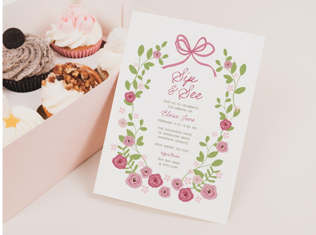 Girl Sip and See Invitation, Hand Drawn Floral Bow Sip and See Invite ...
