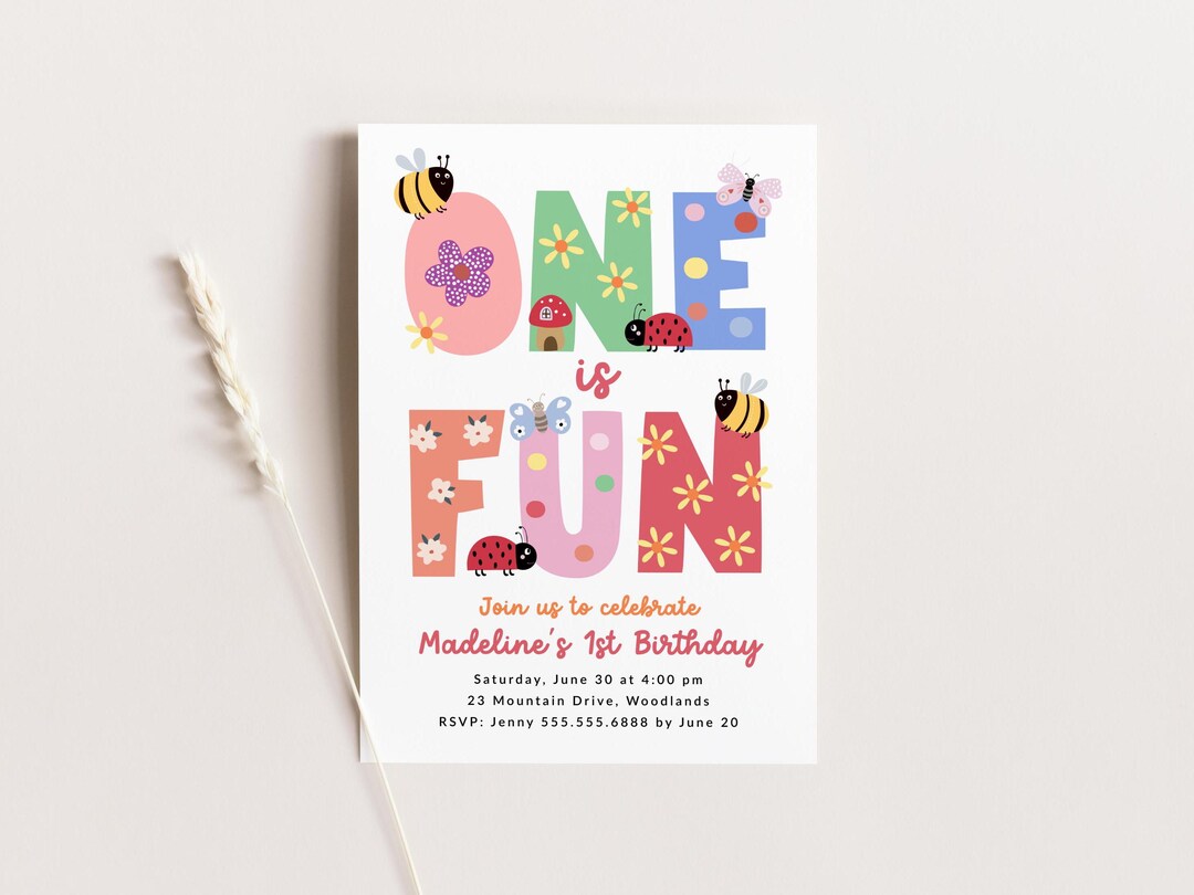 Spring 1st Birthday Invitation, One is Fun Birthday Party Invitation ...