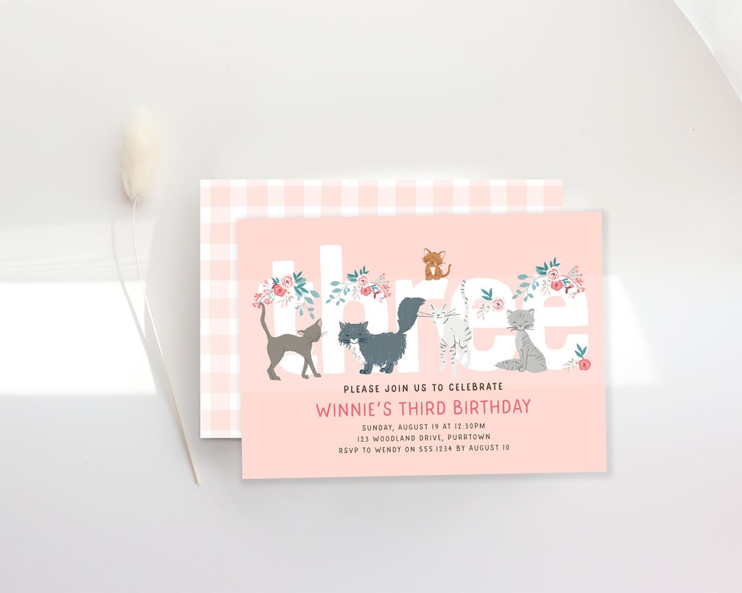 Kitten 3rd Birthday Invitation Template, Editable Cat Third Birthday ...
