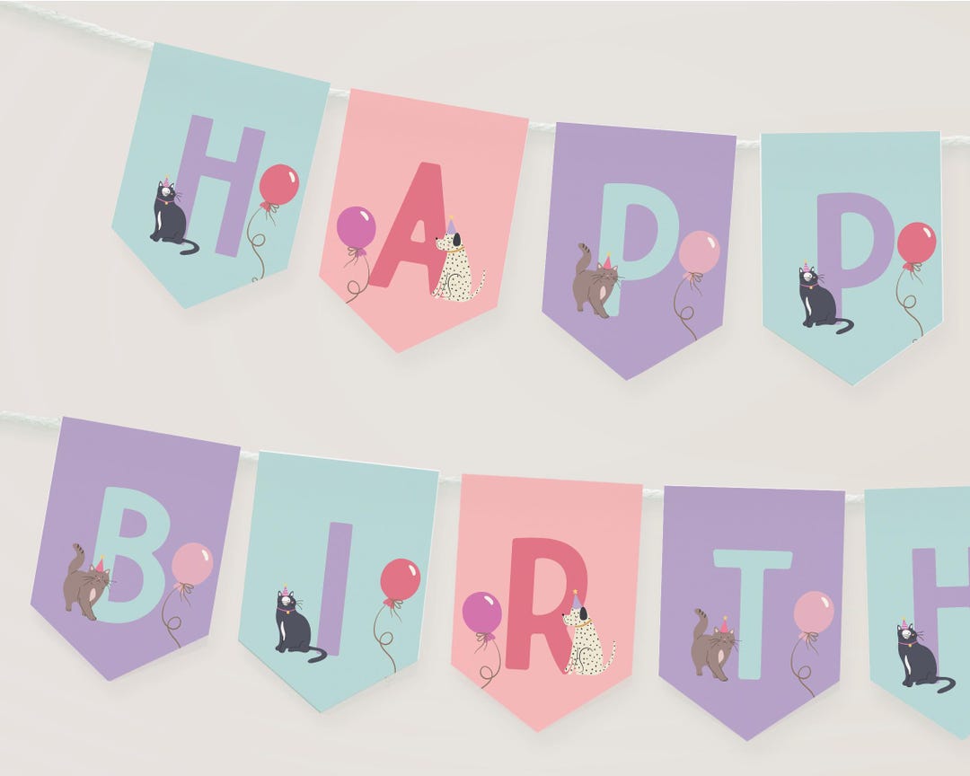 Pet Birthday Bunting, Cats and Dogs Happy Birthday Banner Editable ...