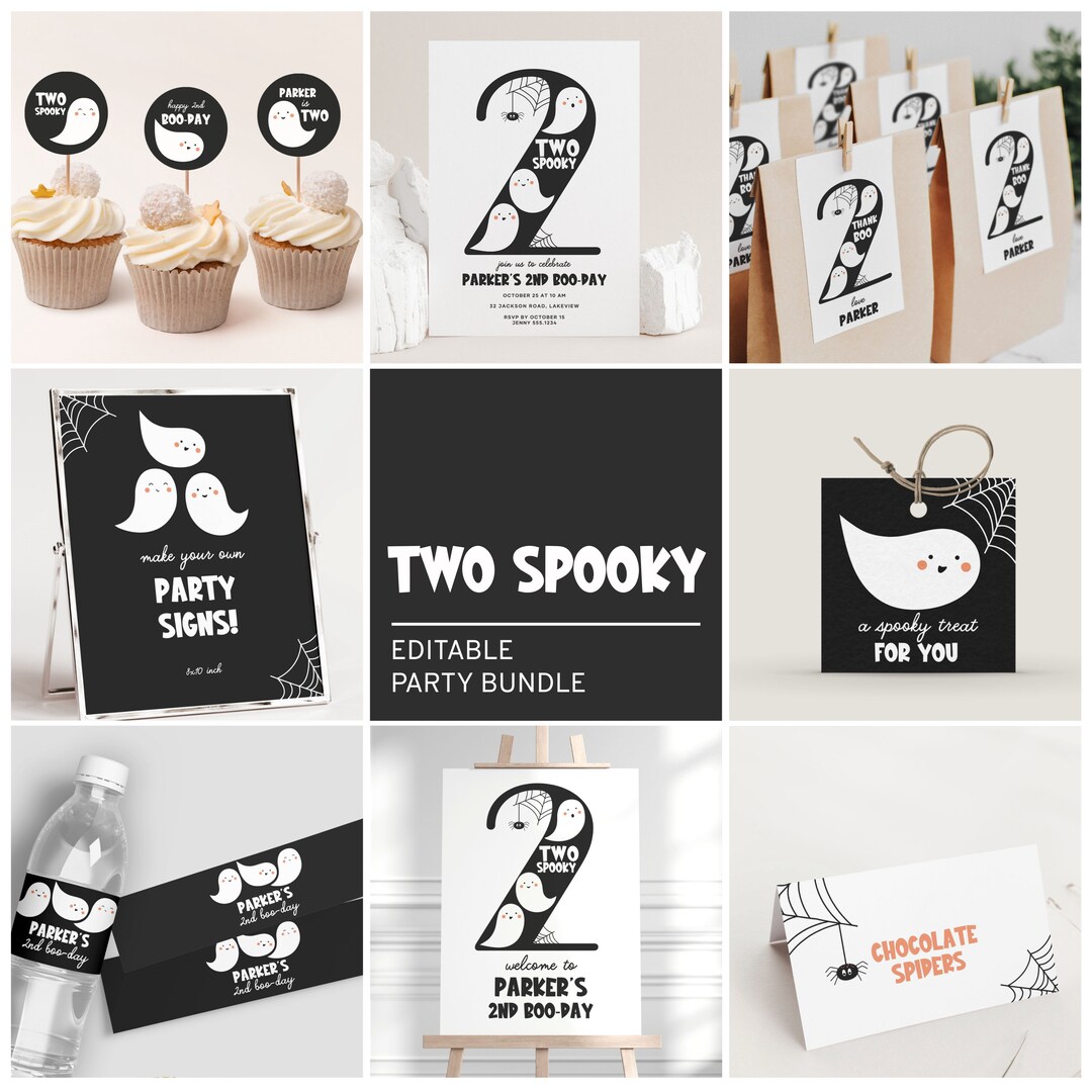 Two Spooky Party Set Editable Printable 2nd Birthday Decor Ghost Theme ...