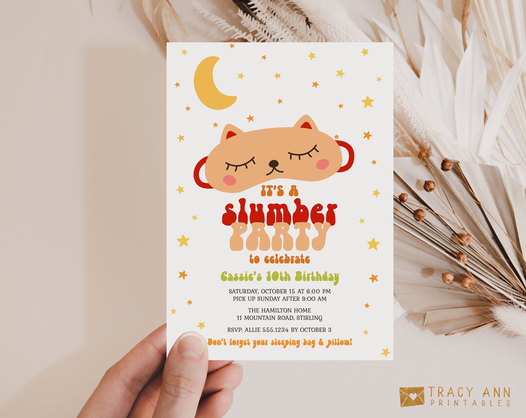 Cat Slumber Party Invitation for 10th Birthday Editable Invite - Etsy