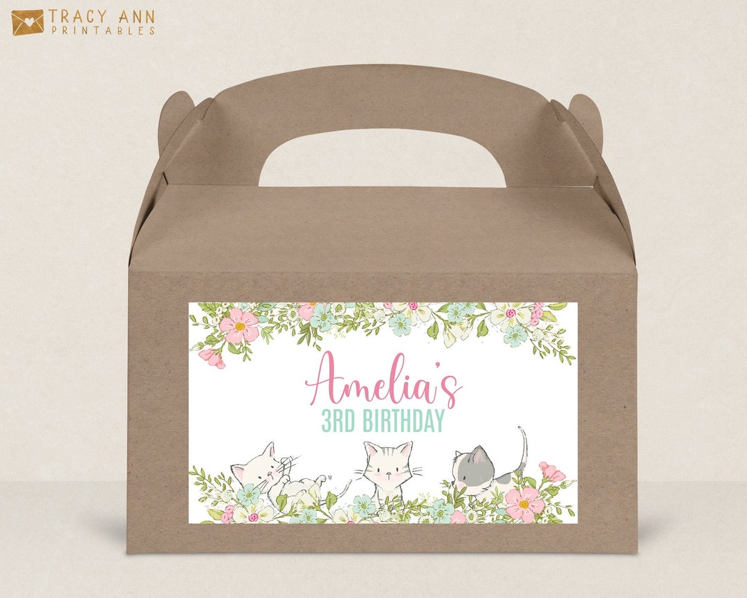 Cat Birthday Gable Box Label Kitty Carrier Sticker Template Editable ...