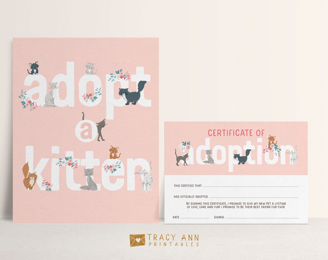 Cat Adoption Certificate | Kitty Cat Birthday Party Adopt a Kitten ...