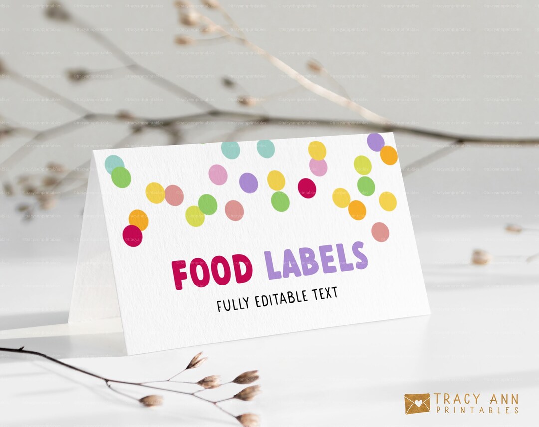 Polka Dot Food Labels | Editable Place Card Template | Rainbow Confetti ...