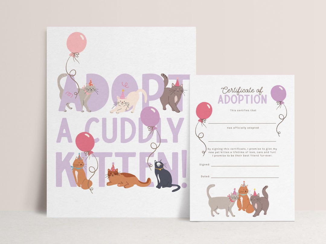 Adopt a Cat Party Game, Adopt a Kitten Sign, Cat Adoption Certificate ...