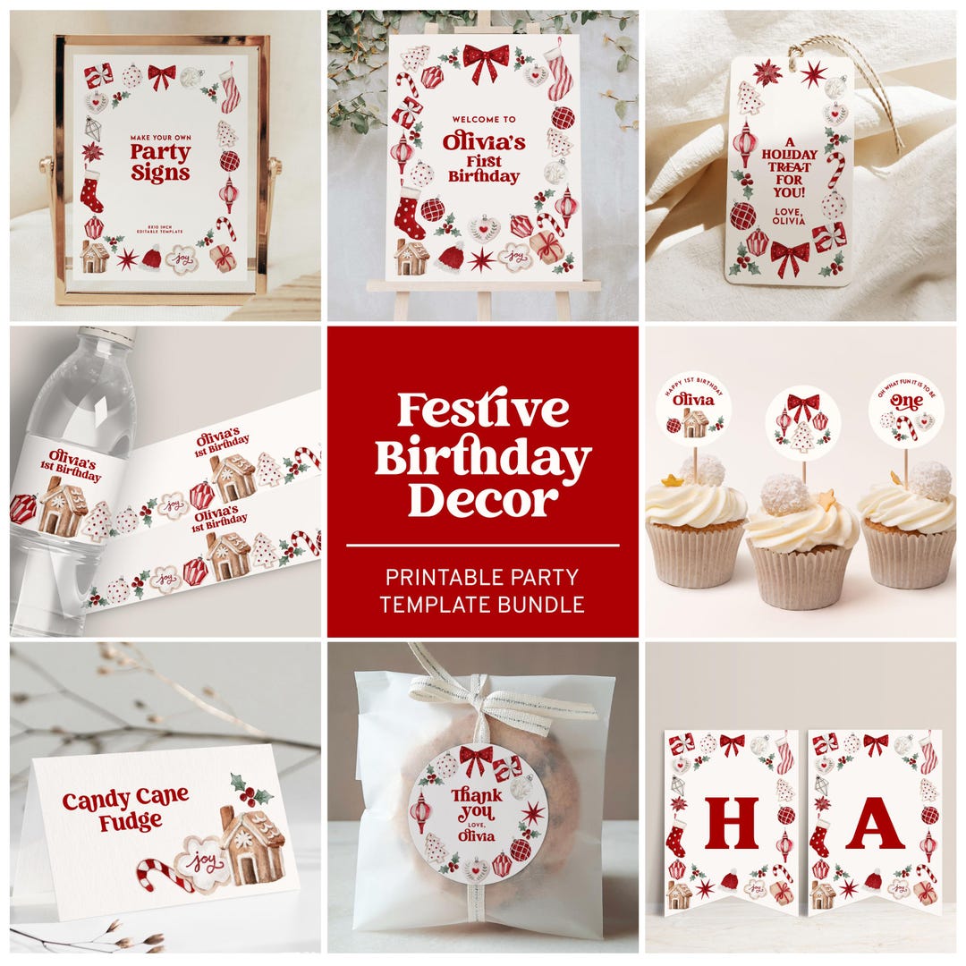 Christmas Birthday Decorations, Printable Festive Party Decor Template ...