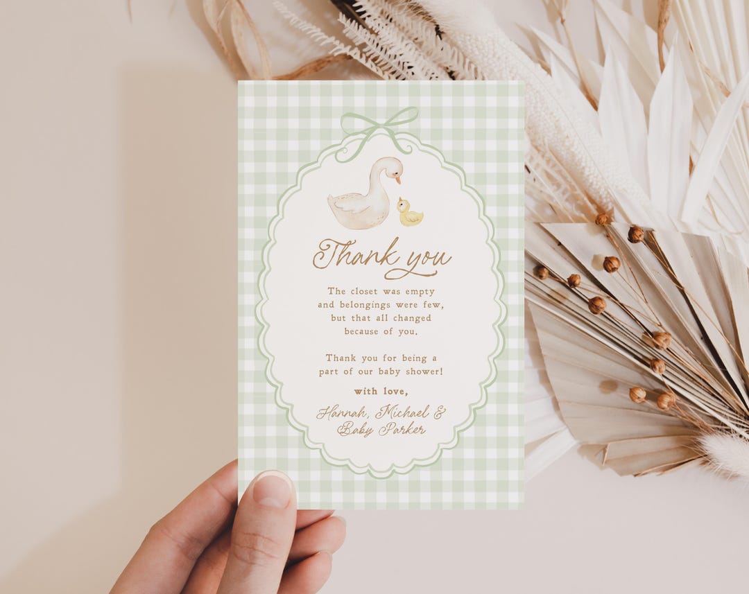 Goose Thank You Card, Geese Baby Shower Thank You Card Template, Sage ...