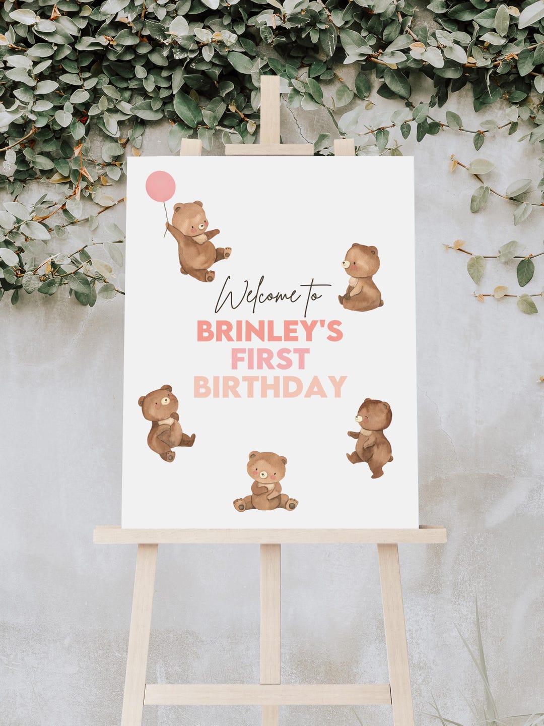 Beary First Birthday Welcome Sign, Girl 1st Birthday Welcome Poster ...