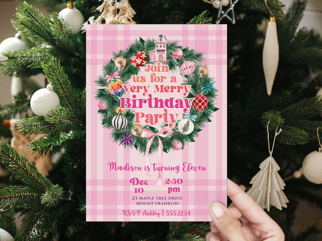Kitsch Christmas Birthday Invitation, Hot Pink Christmas Party Invite ...