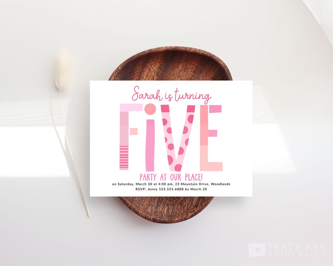 Pink 5th Birthday Invitation, Editable Modern Fifth Birthday Party ...
