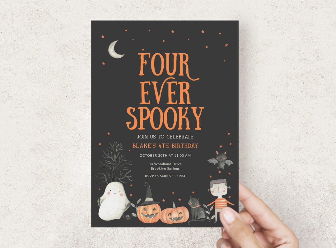 Spooky 4th Birthday Invitation, Four Ever Spooky Halloween Editable ...