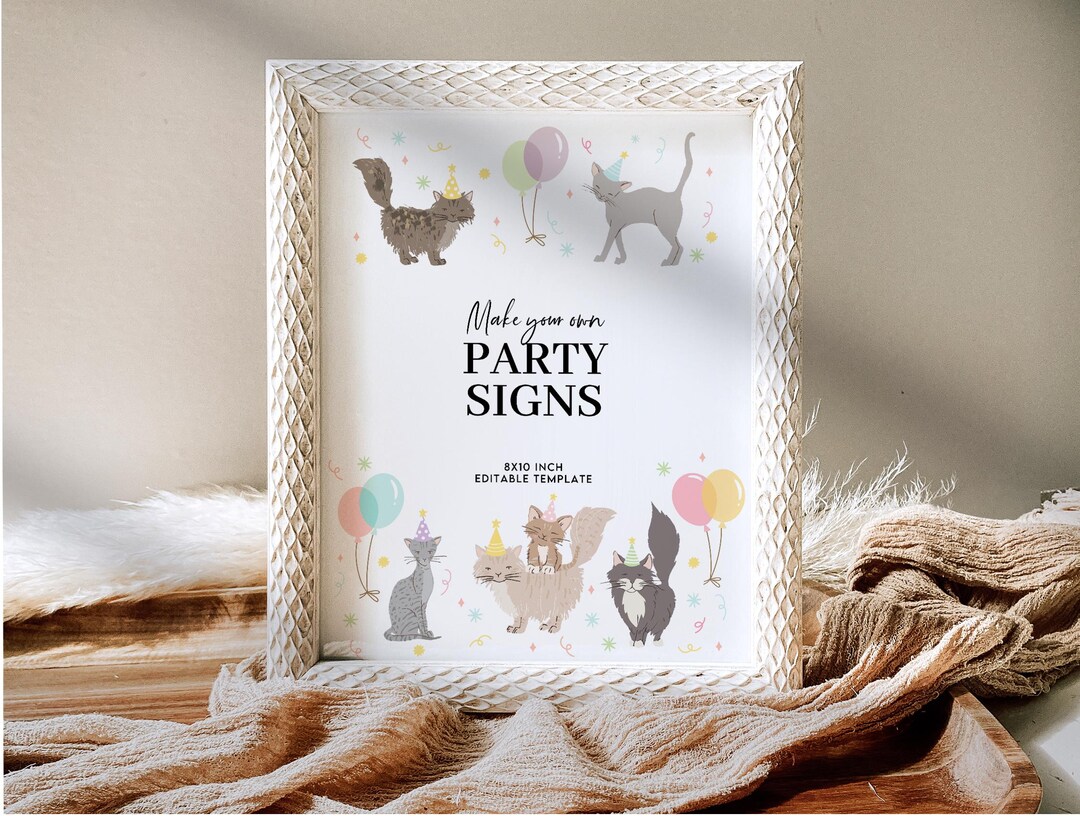 Kitten Birthday Party Signs, Cat Birthday Decor Printable Template B132 ...