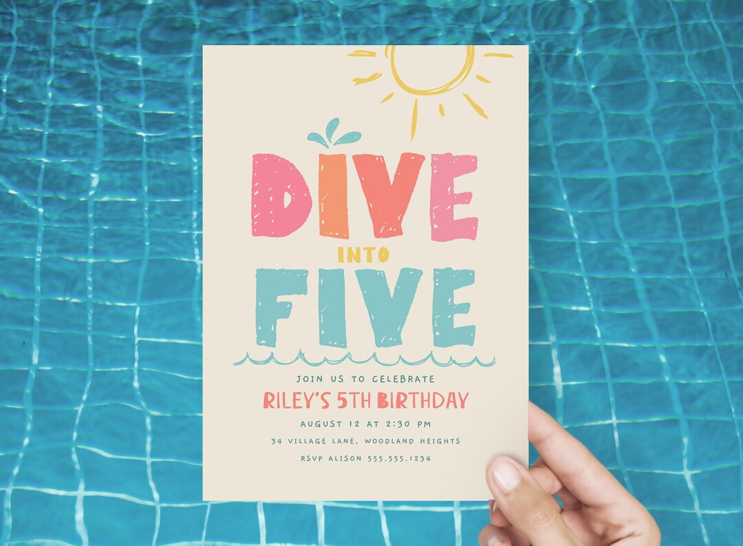 Dive Into Five Invitation, Summer 5th Birthday Pool Party Invite ...