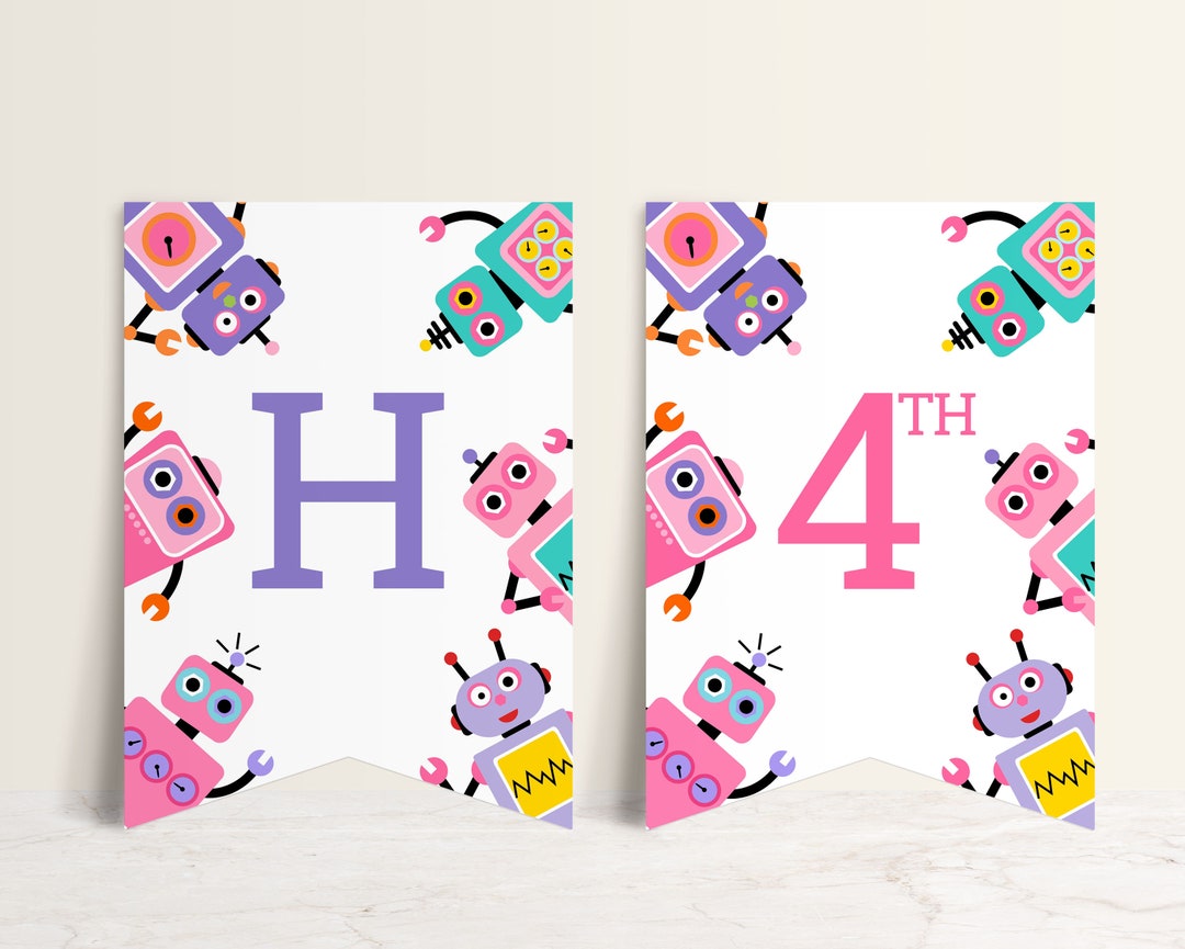 Robot Happy Birthday Banner Template, Girl Robot Birthday Bunting, Pink ...
