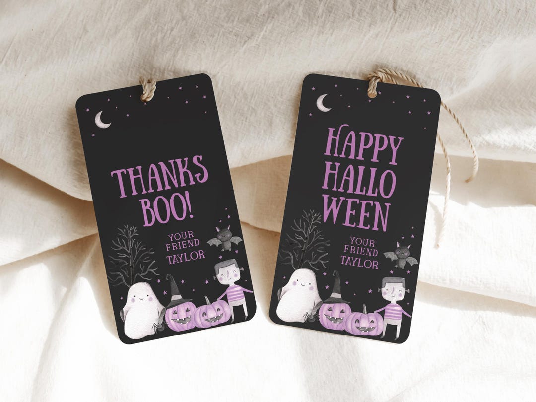 Halloween Favor Tags, Editable Spooky Thank You Tag Template, Purple ...