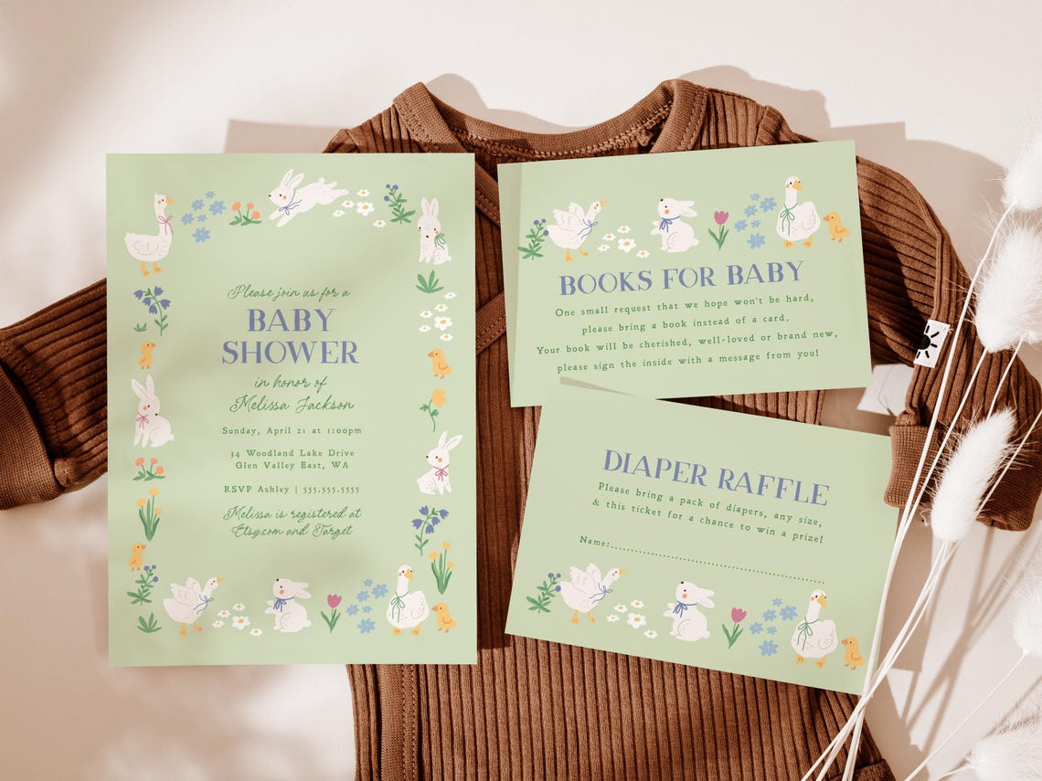 Spring Baby Shower Invitation Suite, Bunny and Goose Baby Shower Invite ...