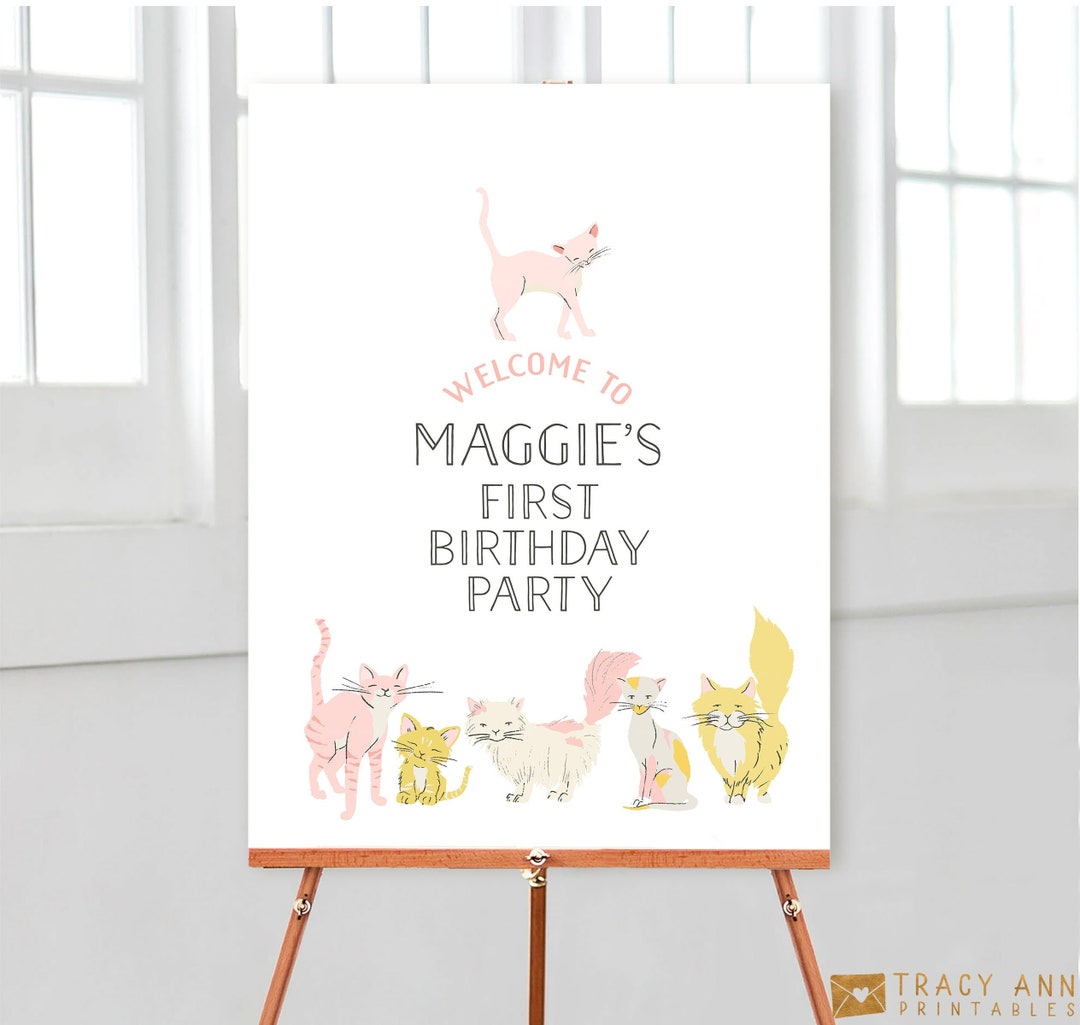 Editable Kitten Welcome Sign Minimalist Girl Birthday Decor Editable ...