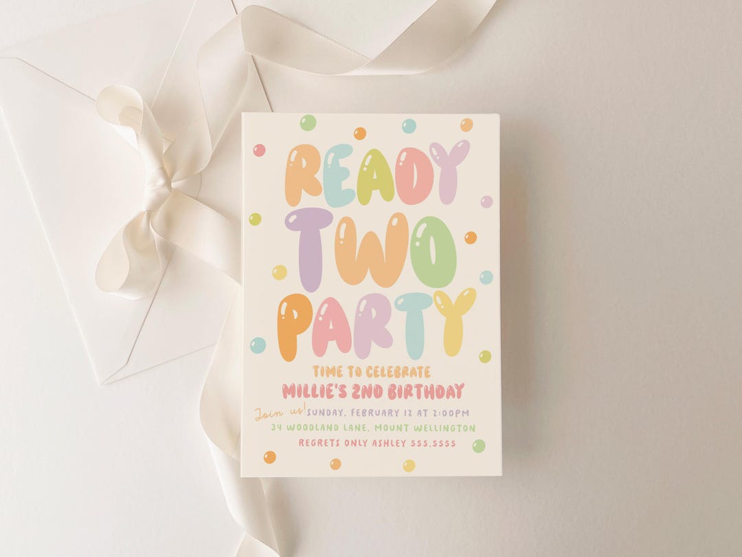 Ready Two Party Invitation, Pastel Balloon 2nd Birthday Invitation ...