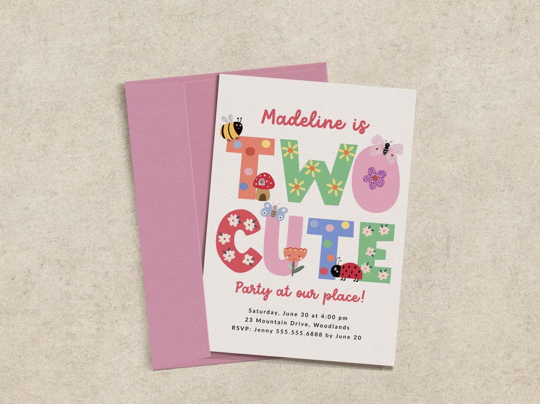 Two Cute Invitation, Spring Girl 2nd Birthday Party Invite Template ...